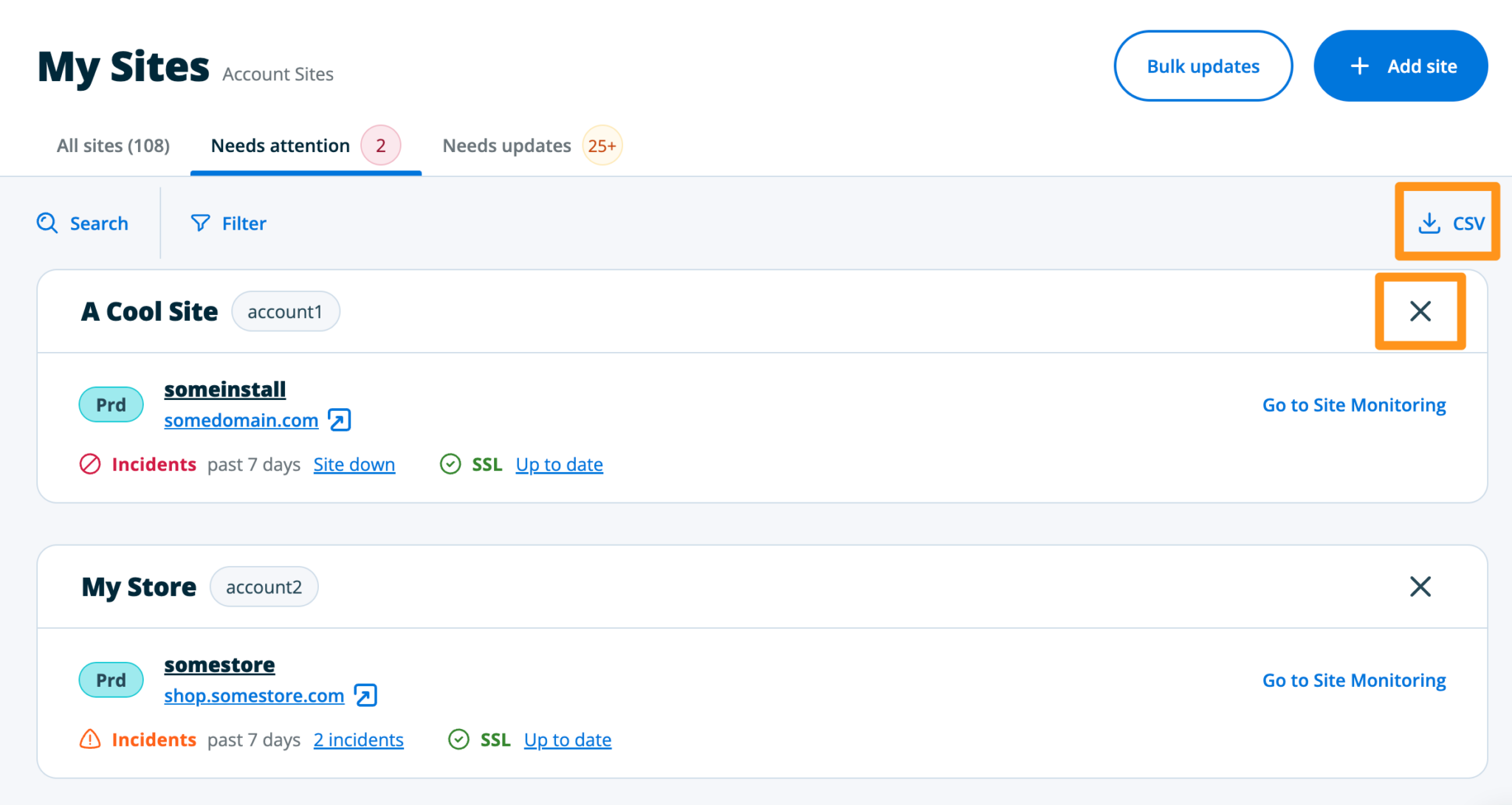 Sites Page - Support Center