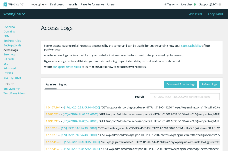 Access Logs, Improved Log Filtering Now In WP Engine User Portal